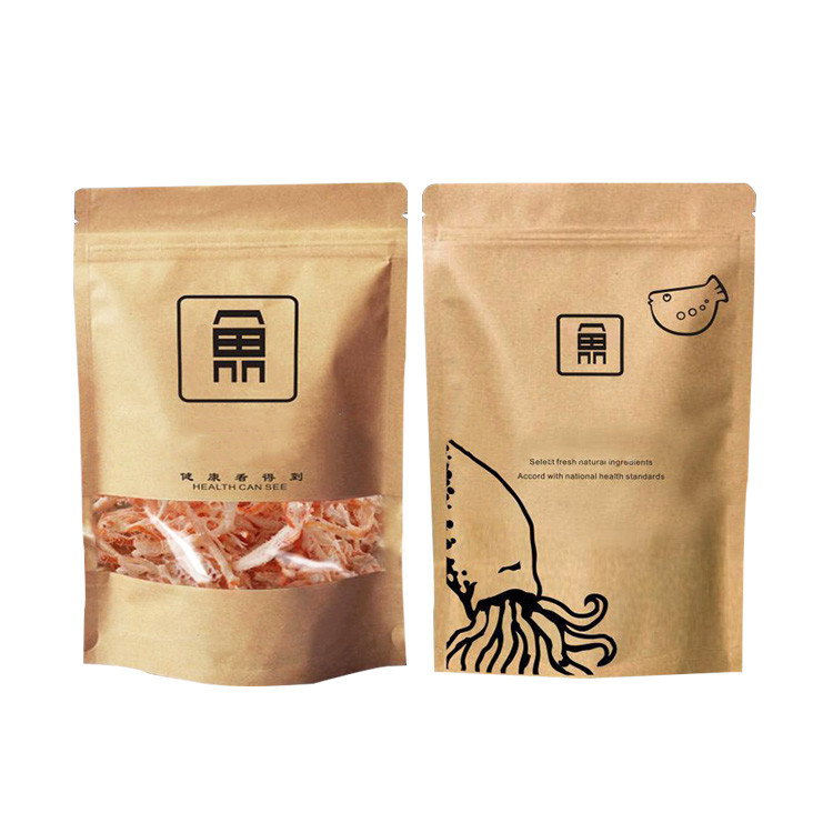 Quality Printed Stand Up Kraft Paper Bag with Zipper with Matte Clear Window for Dry Sea for sale