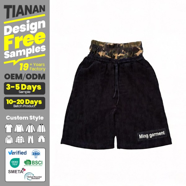 Quality Tianan Custom Cotton Double Waist Men's Shorts Vintage Camo Embroidered logo Drawstring Elastic Waist Oversize Shorts for Men for sale