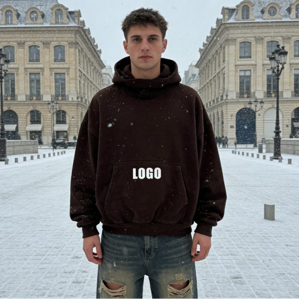 Quality Wholesale Custom Streetwear Face Masked Blank Cropped Hoodie Men Distressed 100% Cotton Thick Stone Washed Boxy Fleece Hoodie for sale