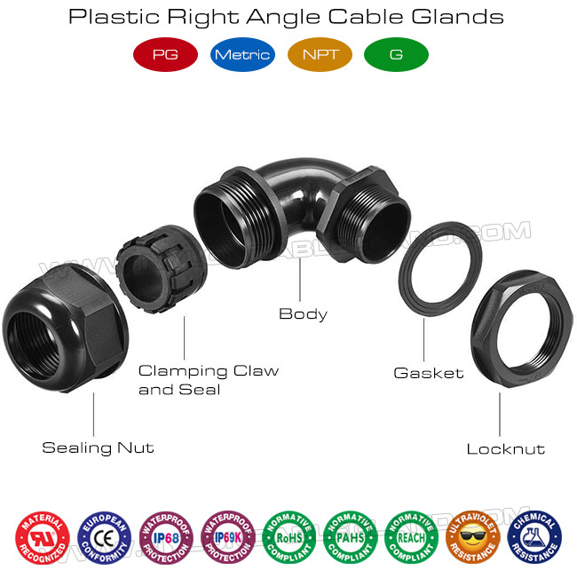 Divided Type Right Angle (90° Elbow) Hermetic Metric Cable Glands IP68 with Locknuts & Flat Gaskets