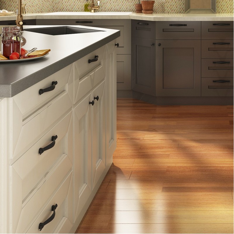 Close-up view of pantry cabinet doors and drawer with soft close mechanism