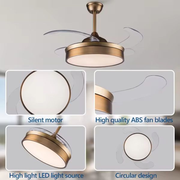 Quality Wholesale Custom 48'' Chandelier 4 Blades Moto Retractable Invisible Led Ceiling Fan With Light and Remote Control for sale