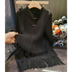 Quality Dragon Scale Pleated Simple Set New Stand Collar Top Tassel Skirt Women 2 Piece for sale