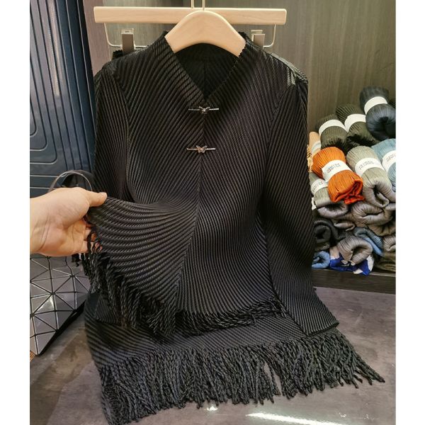 Quality Dragon Scale Pleated Simple Set New Stand Collar Top Tassel Skirt Women 2 Piece Sets for sale