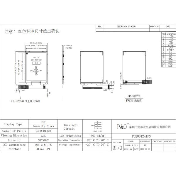 Quality Polcd 2.8 inch LCD Module 240x320 ST7789V SPI Interface 14 pin 2.8 TFT Display for sale