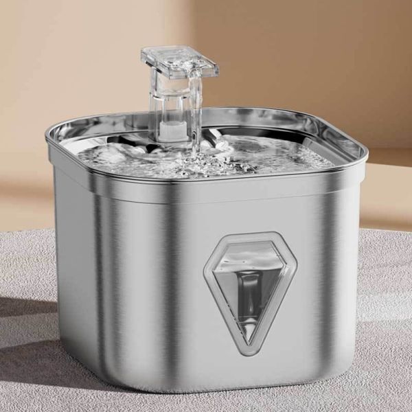 Quality 2.5L Stainless Steel Automatic Pet Water Fountain Portable Pet Dispenser Water Level Window Charge Power Source for Cats Dogs for sale
