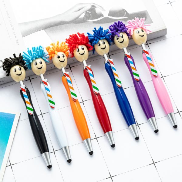 Quality Cute Cartoon Plastic Ball Pen Doll Head Touchscreen Ballpoint Pens Kids Gift for sale