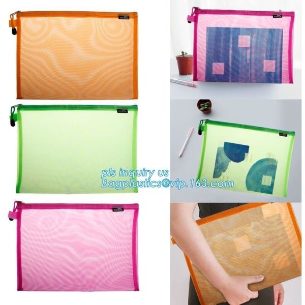 Quality OEM mesh plastic A4 file bag with zipper, net netting document bag pouch, customized PEVA coated net polyester fabric fo for sale