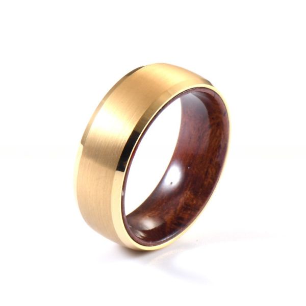 Quality TRENDY Style 8mm 18K Gold Plating Tungsten Carbide Ring Wood Wedding Band with Rosewood Inner Beveled Edge Comfort Fit for sale