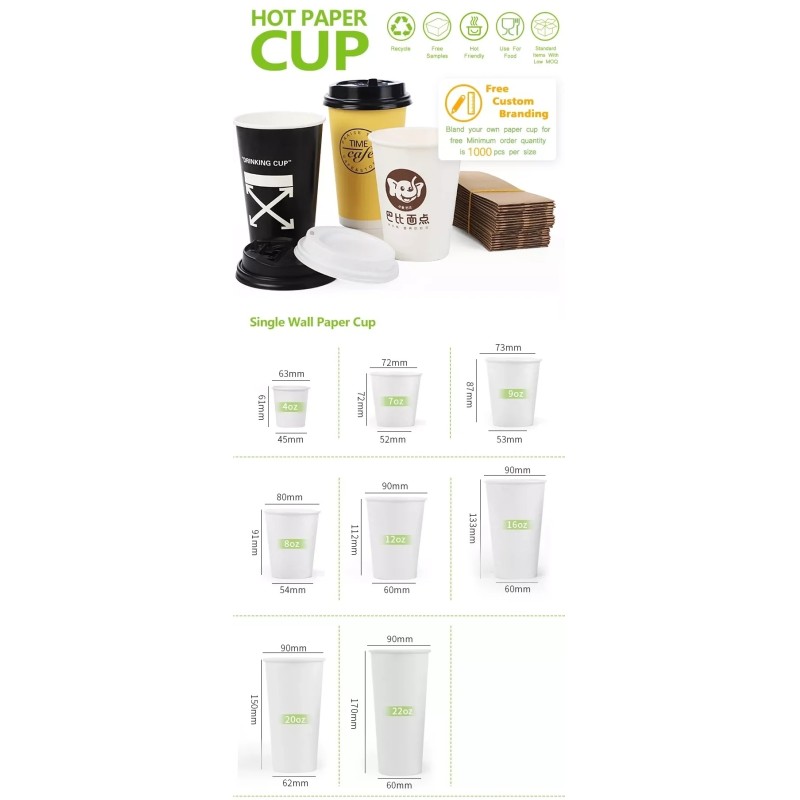 Custom Biodegradable Disposable PLA Hot Coffee Paper Cups