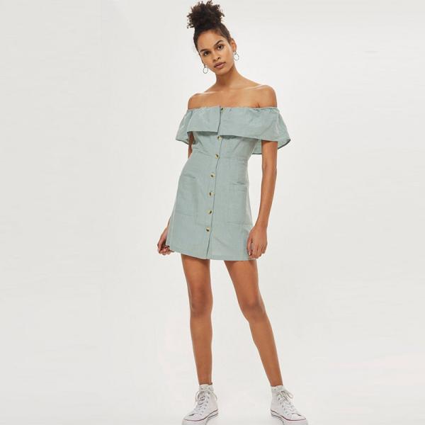 Quality Clothing Women Off Shoulder Dresses Bardot Linen Ruffle Dress for sale