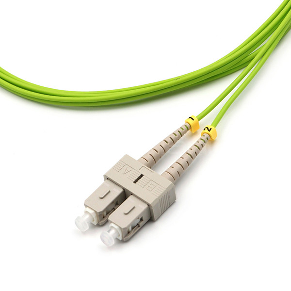 Quality LC UPC To SC UPC Fiber Optic Patch Cable Duplex OM5 Multimode OFNR 2.0mm Lime for sale