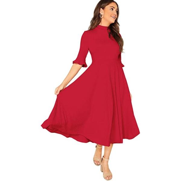 Quality Clothing Ribbed Knit Bell Sleeve Fit And Flare Midi Dress for sale