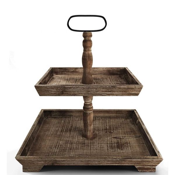 Quality Customization Farmhouse Wooden 2 Tier Tray Stand for Serving Food Fruits Cupcakes Square Tier at Restaurant Home Cake for sale
