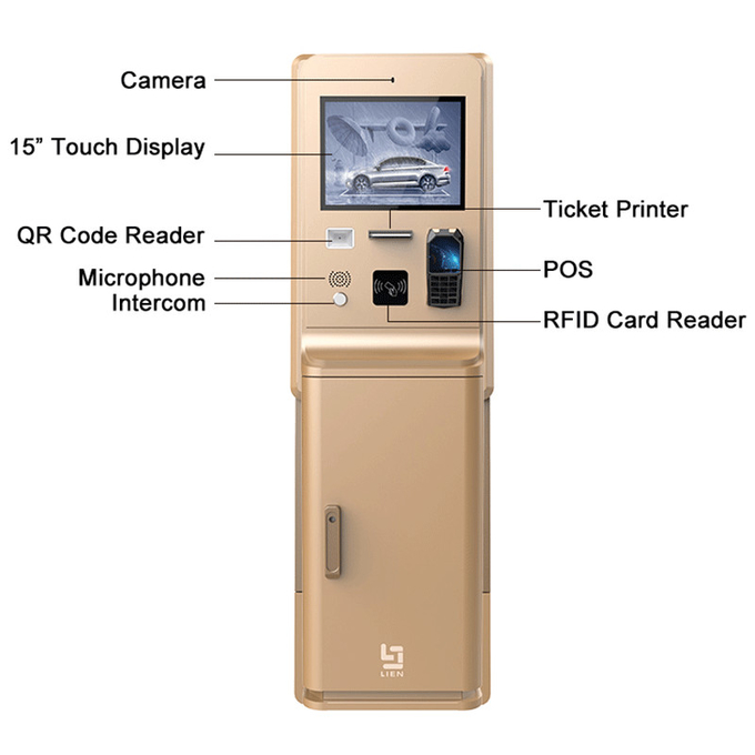 Outdoor Parking Lot Payment Kiosk With 21.5 Inch HD Touch Screen Camera Bank Card Reader Intercom QR Code Scanner Printer 3