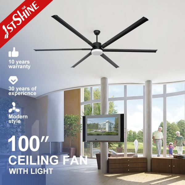 Quality 100 Inch Black Modern Metal Blade Large DC Motor Ceiling Fan With 3 Color LED Light for sale
