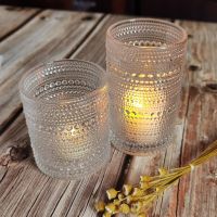 Quality Customized Embossed Beads Strings Glass Votive Candle Holders , Glass Cylinder for sale