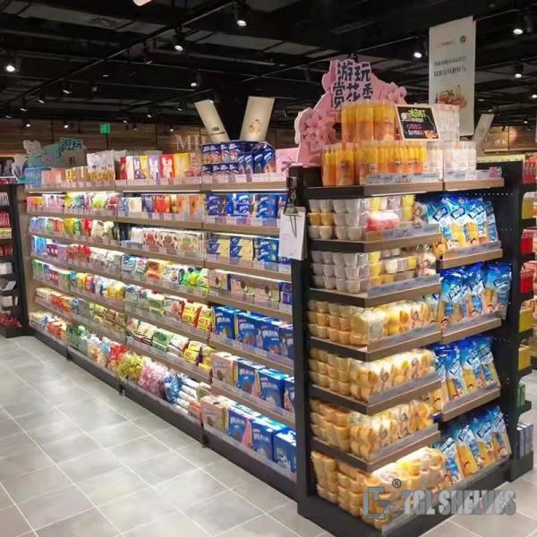 Quality Metal Gondola Shelf Rack Powder Coating Grocery Shelving Display for sale