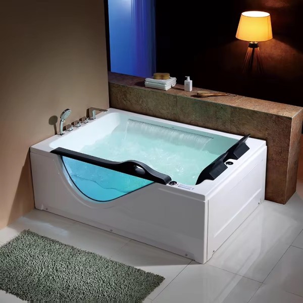 Quality Acrylic Rectangular Whirlpool Bathtub with Waterfall & Glass Window for 2-Person Hydromassage Spa Tub for sale