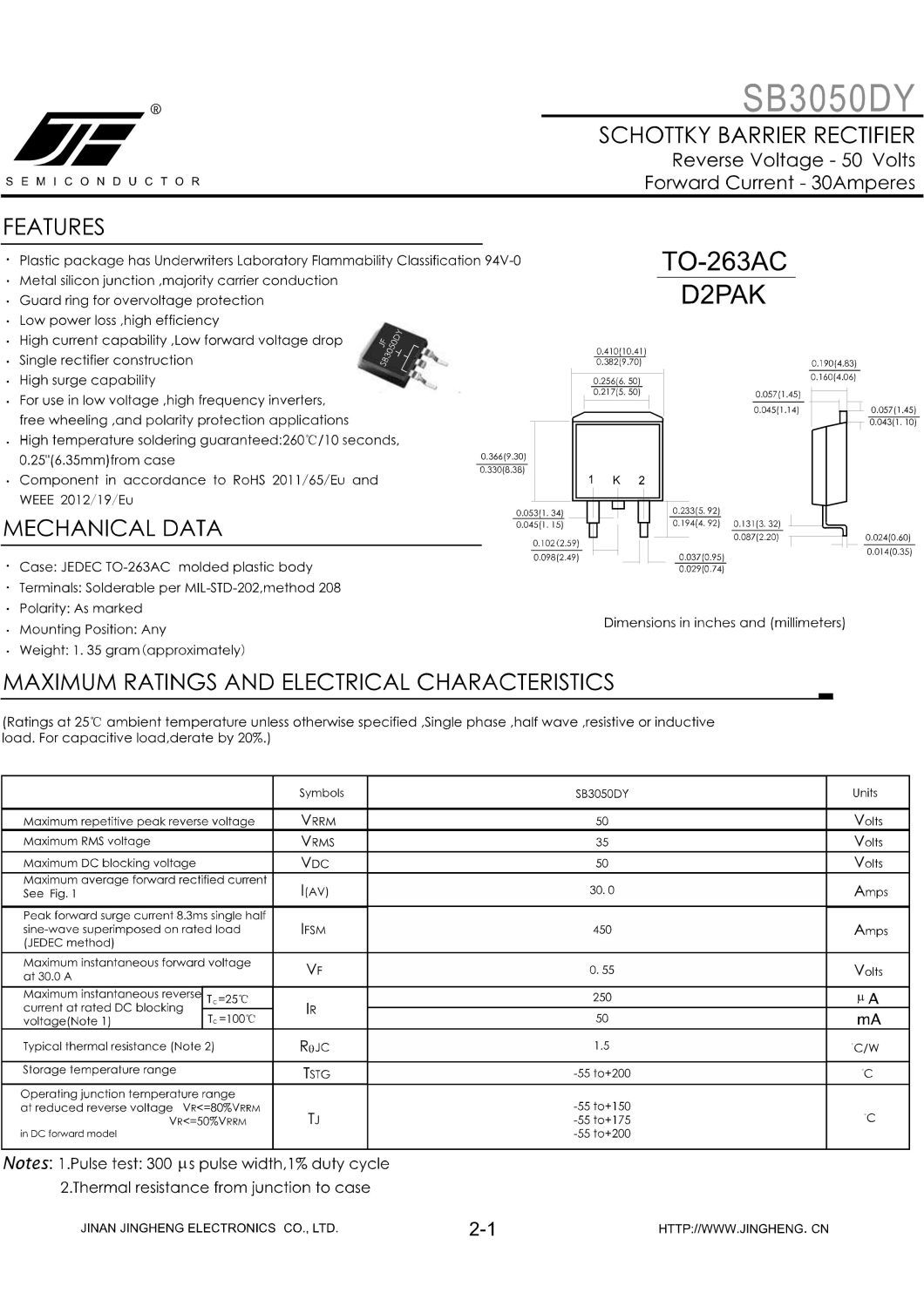 SB3050DY 30A/50V Photovoltaic Schottky Barrier Rectifier Solar Bypass Diode usd in PV Box with TO-263 Package