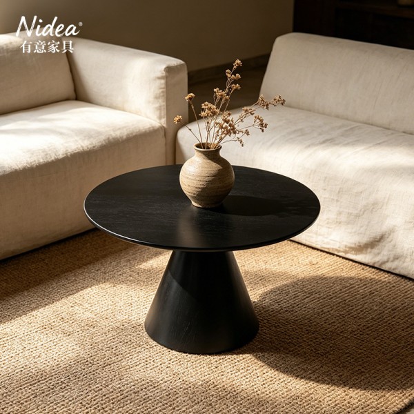 Quality Modern Minimalist Solid Wood Round Side Table Matte Black Conical Base End Table Contemporary Sculptural Accent Coffee Table for sale