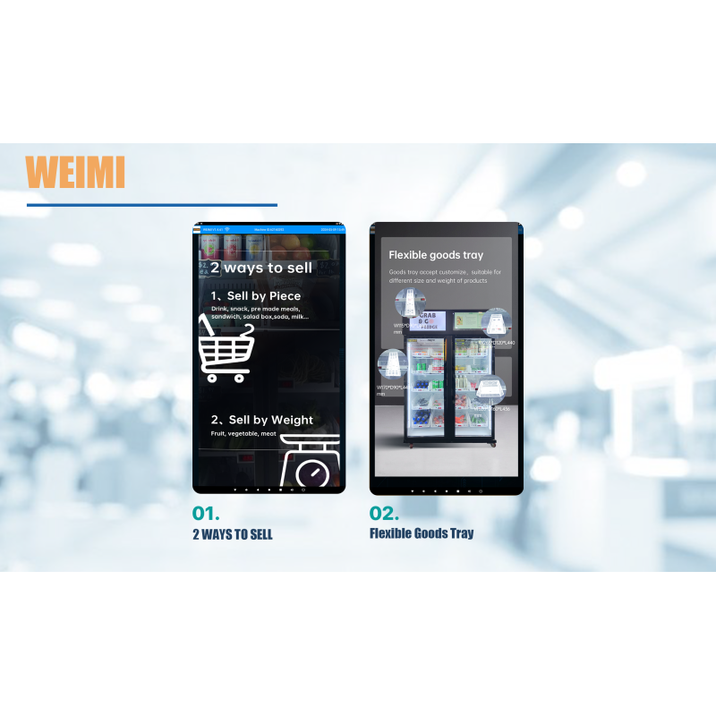 Weimi Smart Fridge Ice Vending Machine showing flexible billing options with weight-based and quantity-based pricing and adjustable trays for ice products
