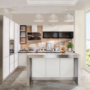 Quality High Gloss White Modern Glass Stainless Steel Modular Kitchen Cabinet for sale