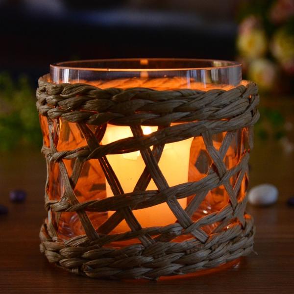 Quality Round Creative Glass Candle Holders With Wicker Sleeve for sale