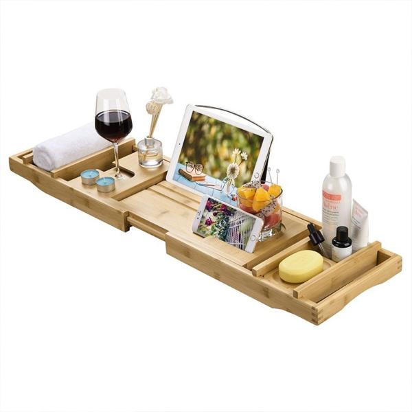 Quality Extendable Sides Luxury Bamboo Bathtub Caddy Trays for Books Tablets and Wine Glass for sale