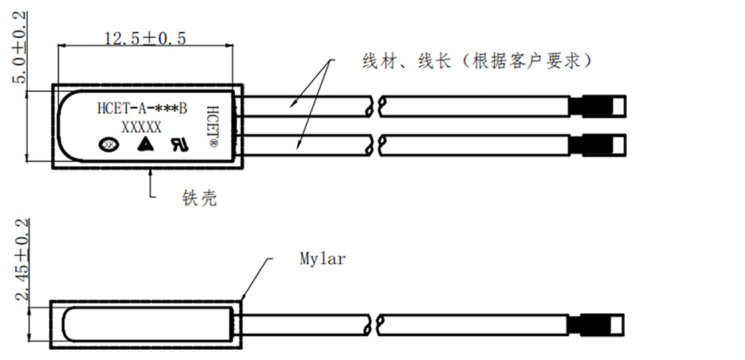 HCET-A TB02 Thermal Protector Switch dimensional drawing with measurements