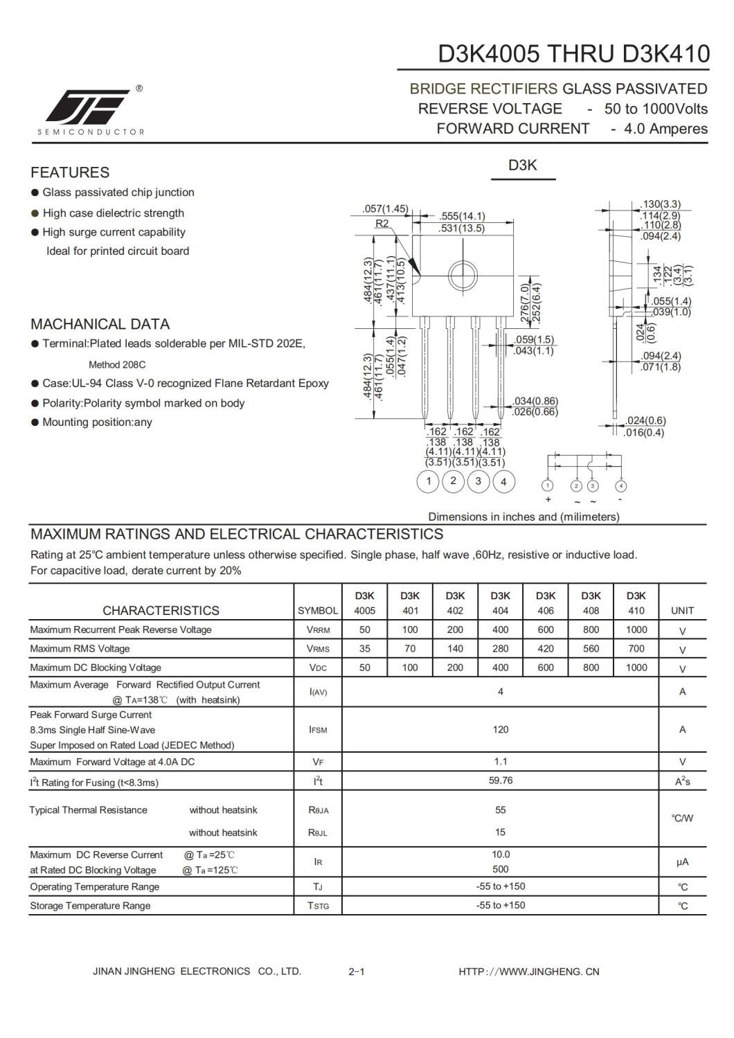 D3K406/D3K408/D3K410 4A CURRENT BRIDGE RECTIFIER DIODE