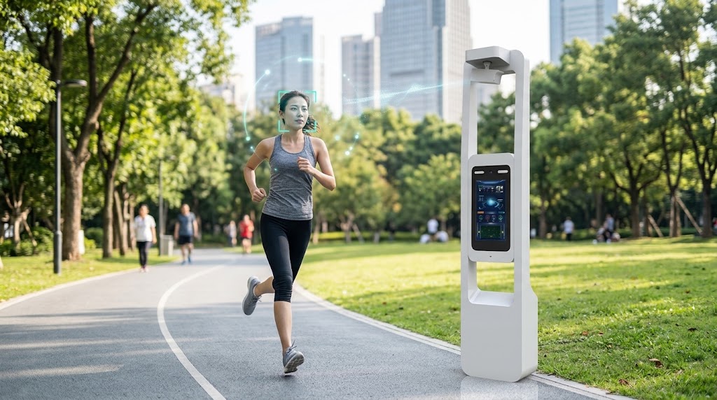AI face recognition device identifying a runner on a smart running track