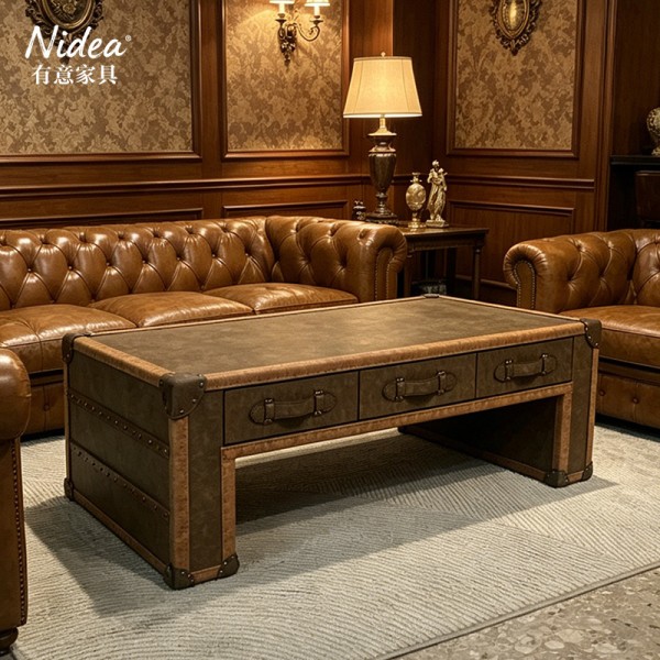 Quality Luxury Vintage Leather Coffee Table with 3 Drawers Handmade Campaign Style for Home Bar & Living Room Brass Corners & Rivets for sale