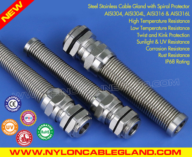 Spiral Stainless Steel EMV EMI Cable Glands IP68 with Normal & Elongated PG Thread
