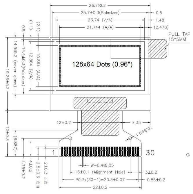 0.96 inch OLED display module technical drawing front view