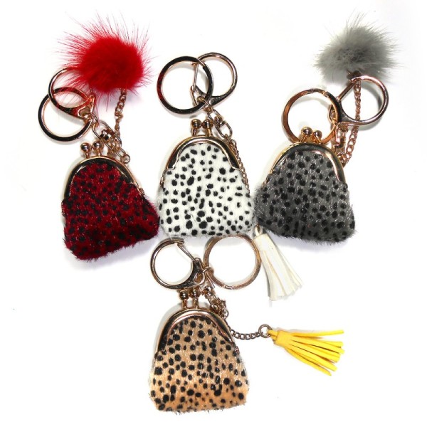 Quality Dark Red Polyester Engraved Logo Coin Bag Keychain With Pom Pom Decoration for sale
