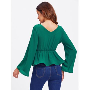 Quality Bell Sleeve Wrap Blouse with Deep V Neck for sale