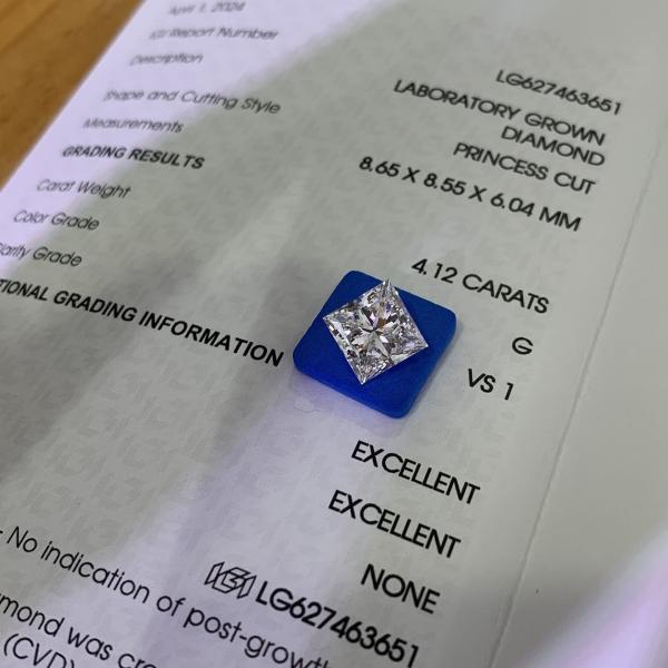 Quality 4.12CT G VS1 2EX CVD Lab Created Princess Cut Diamond for Jewelry making for sale