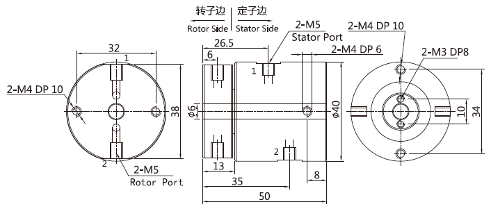 3002004 series 3002004 Series M5 2 Passage Pnuematic/+Electric Hybridry Rotary Unions slip ring Drawing 