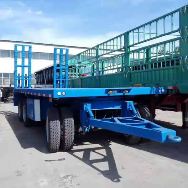 Quality Farm 2-Axles Flat Platform Flatbed Drawbar Full Trailer With Ladder for sale