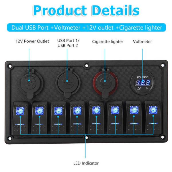 Quality 8 Group Marine Waterproof LED Rocker Switch Panel With Circuit Breaker Mounting for sale