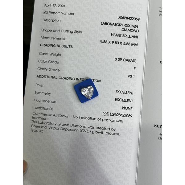 Quality 3.39ct VS1 F Synthetic Diamonds Lab Diamonds Heart Brillant Cut for sale