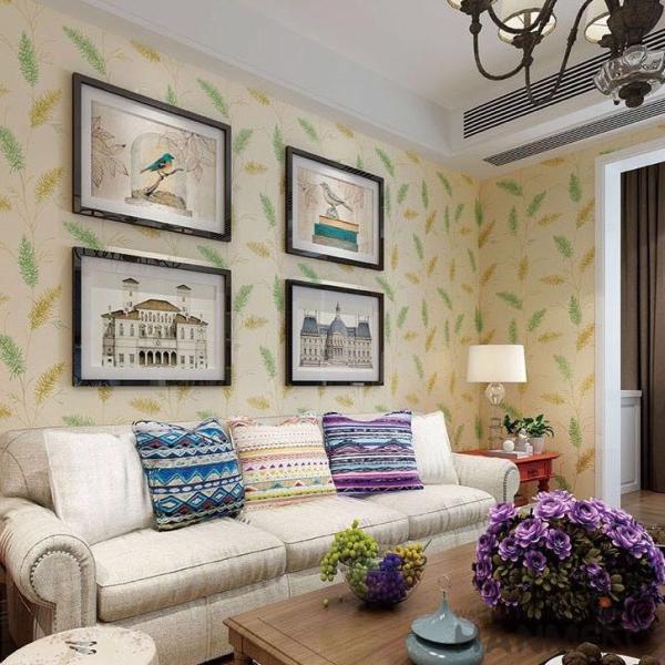 Quality Natural Green Plants Pattern Suede Wallpaper Fashion Wallcovering Distributors for sale
