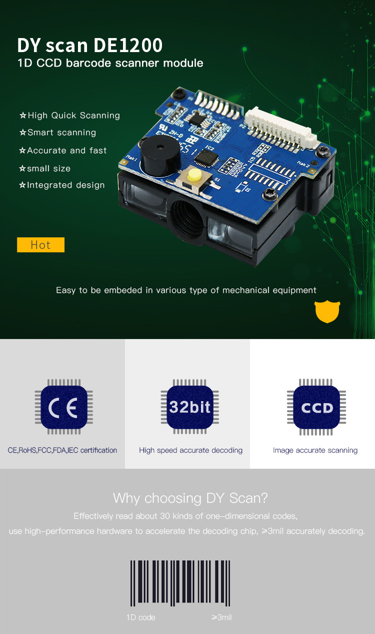 USB TTL RS232 PS2 1D CCD Barcode Reader Module 32 Bit CPU For IoT ...