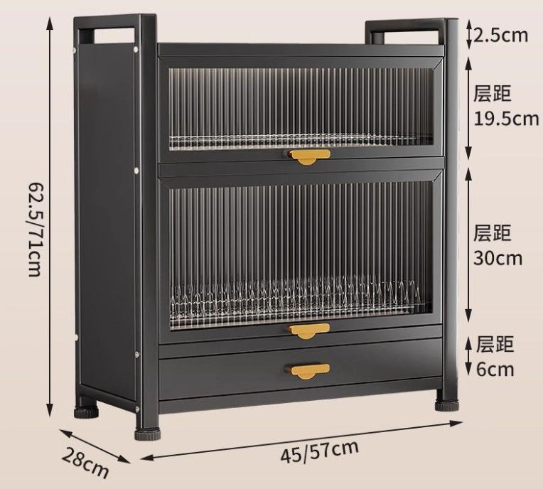 Multi-functional kitchen storage rack showing utensils and dishes organized on countertop