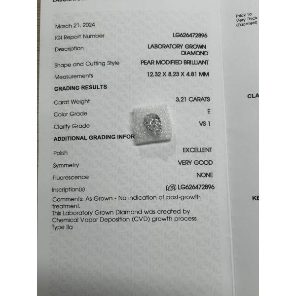 Quality 3.21CT E VS1 EX VG CVD Lab Grown Diamond Pear Brillant Cut IGI Certificated for sale