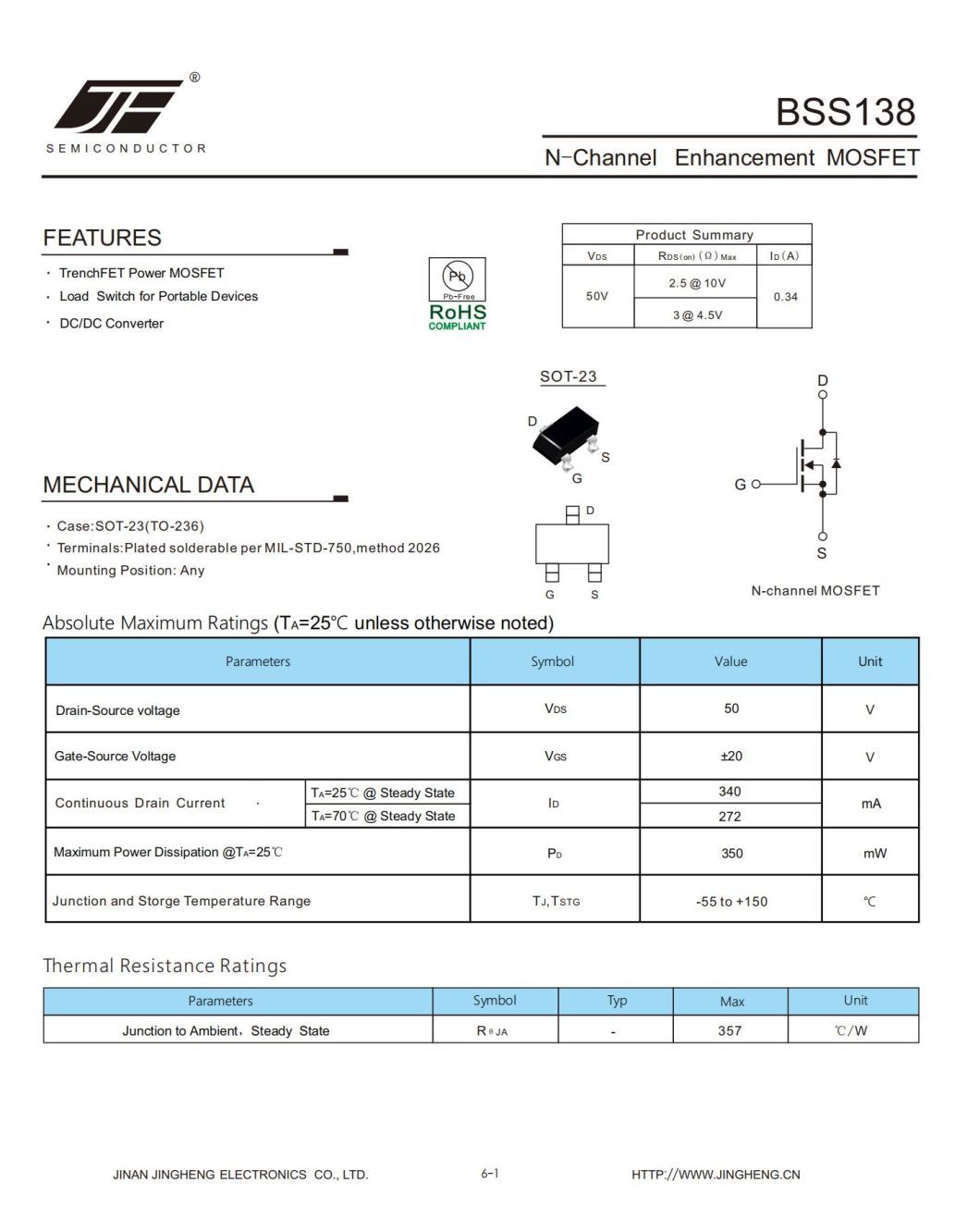 N-Channel Enhancement MOSFET BSS138 With SOT23 Outline