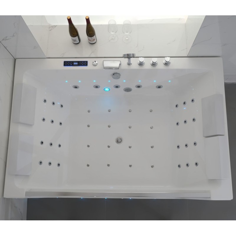 2 Person Rectangular Whirlpool Massage Bathtub with Front Blue Glass