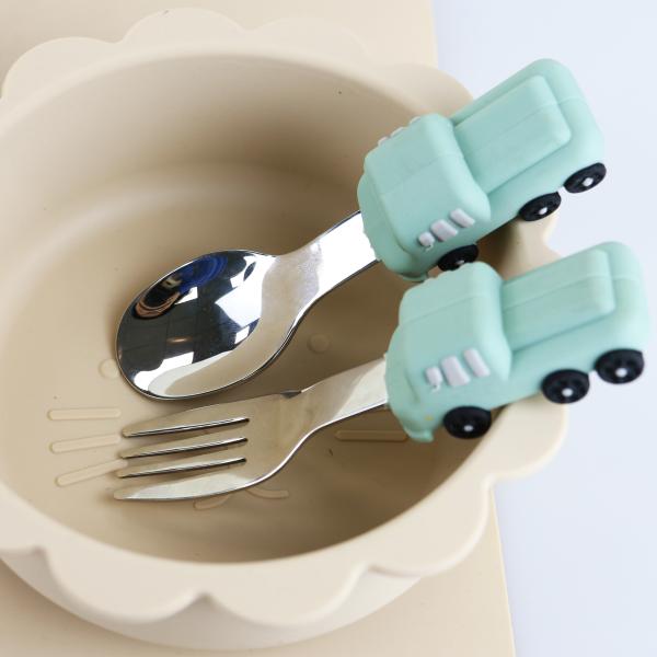Quality Toddler Stainless Steel Baby Spoon With Car Shape Silicone Handle for sale