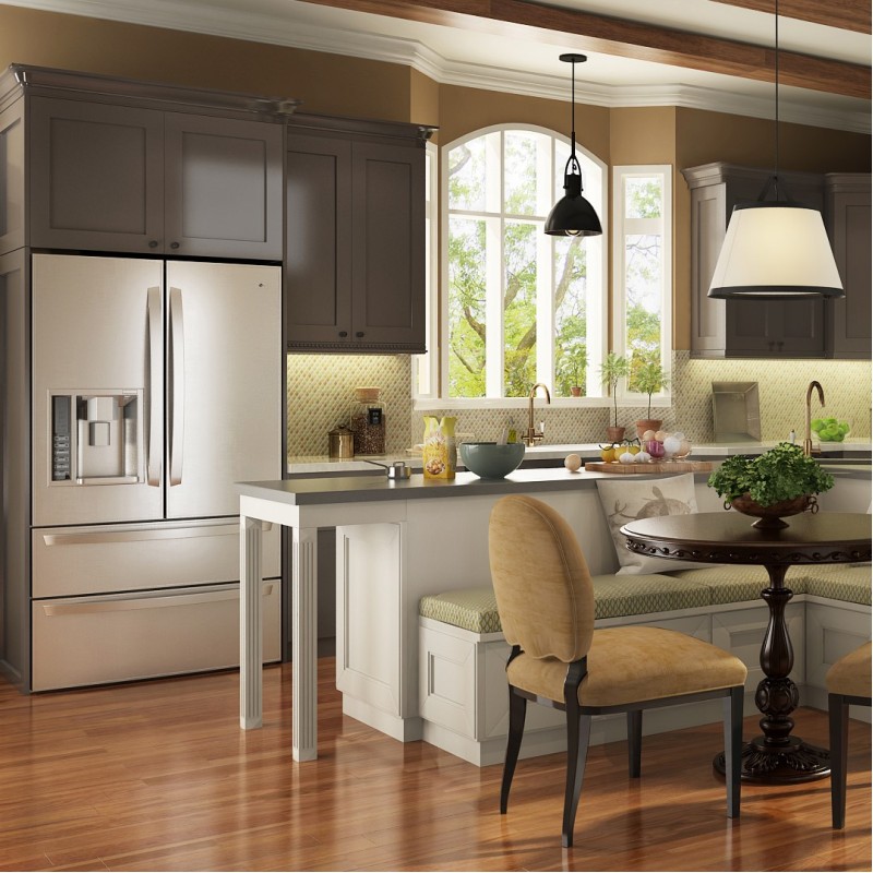 White Scandinavian pantry cabinet with brushed nickel hardware in kitchen setting